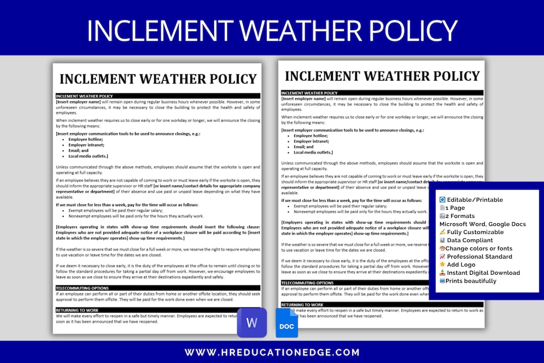Inclement Weather Policy | HR Procedure, Workplace Safety Emergency Response Employee Safety ...
