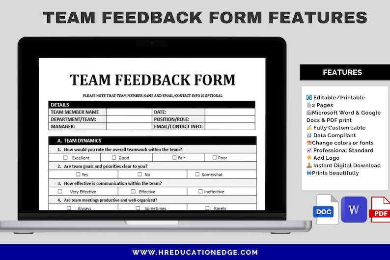 Team Feedback Survey Template: Editable HR Form (printable PDF) - Etsy