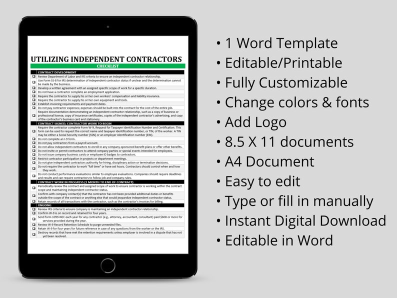 Independent Contractor Checklist Editable Document HR Template Human ...