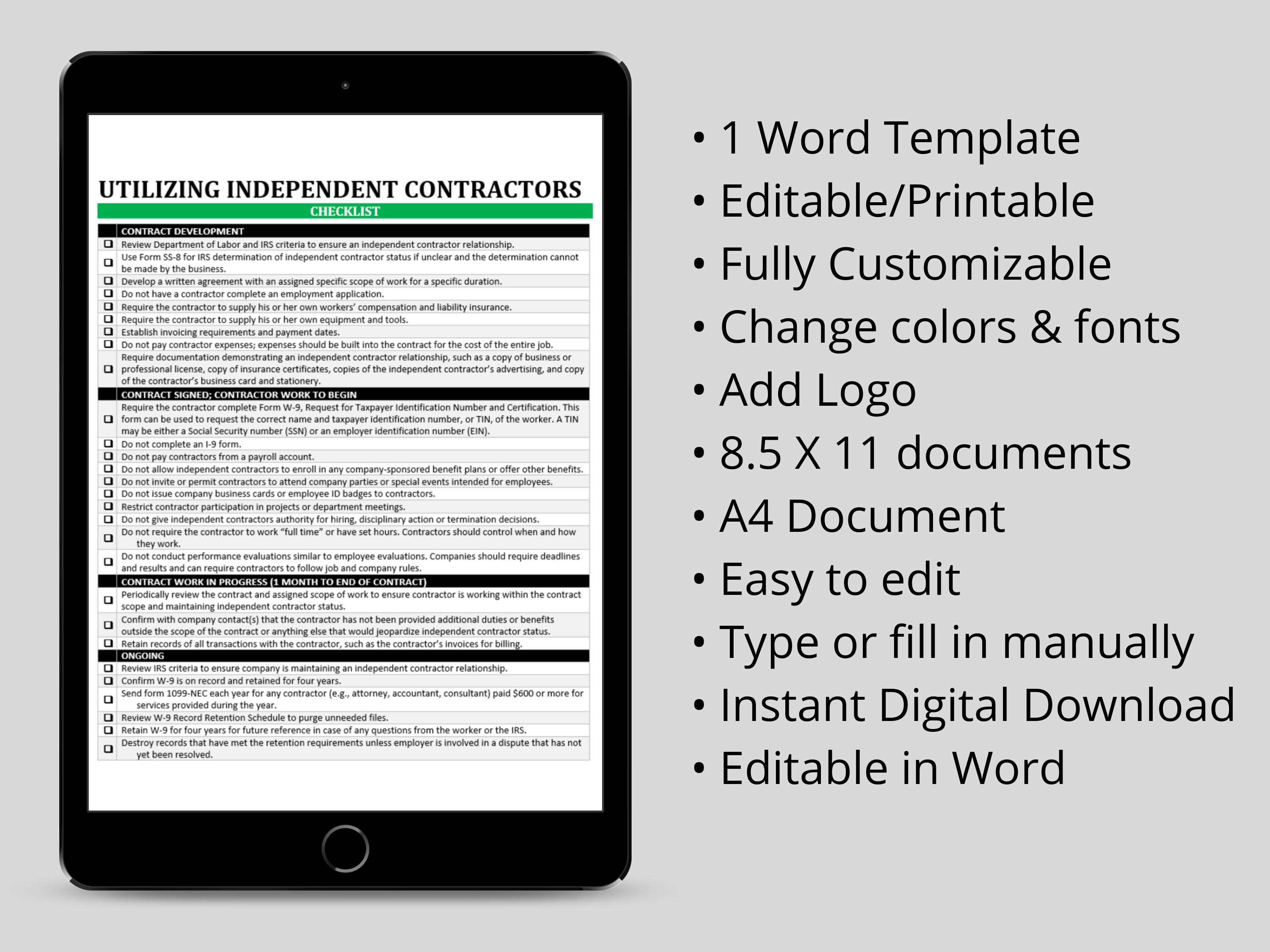 Independent Contractor Checklist Editable Document HR Template Human ...