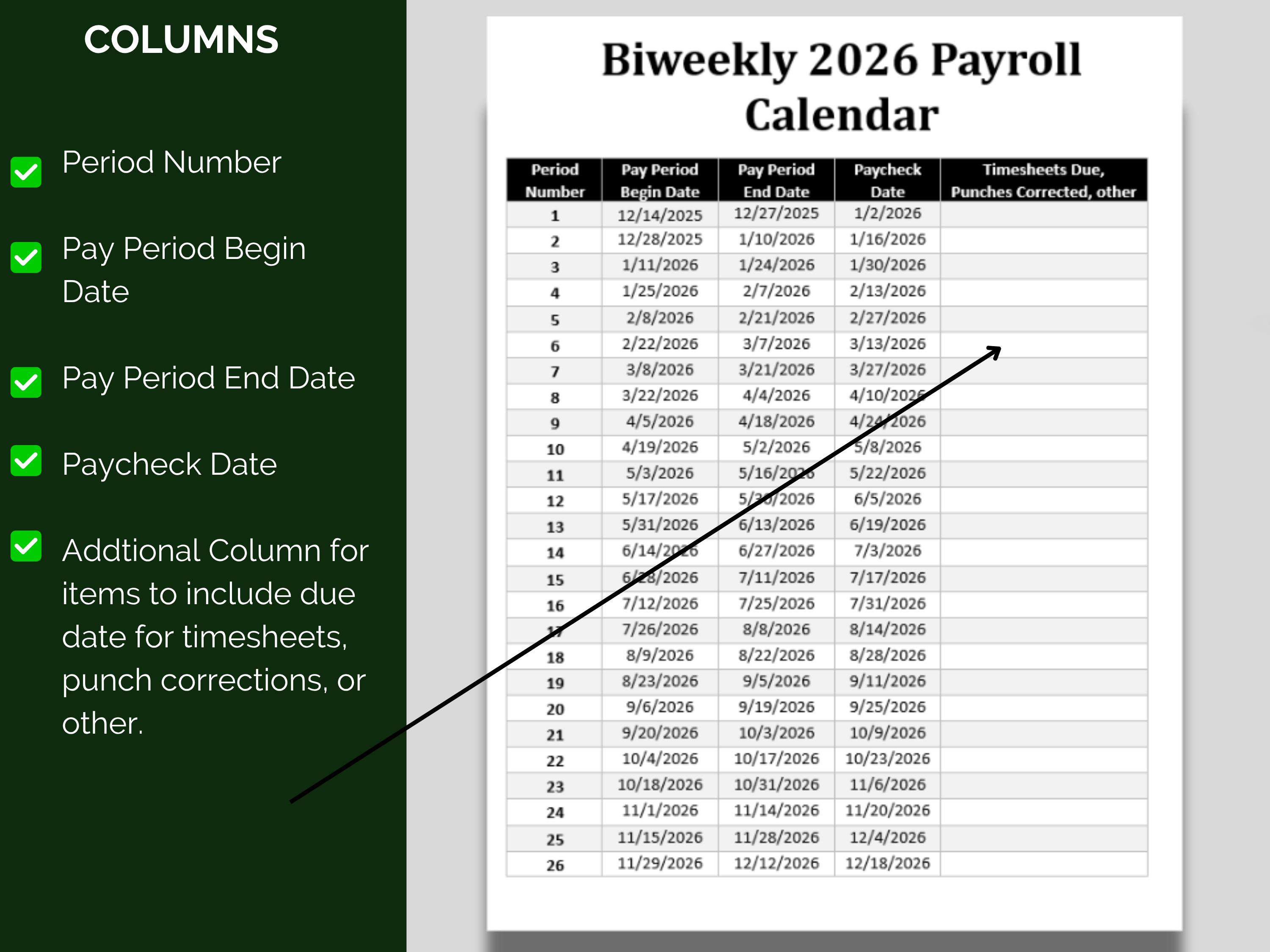 2026 Biweekly Payroll Calendar: Excel, Word, Google Docs & PDF - Etsy