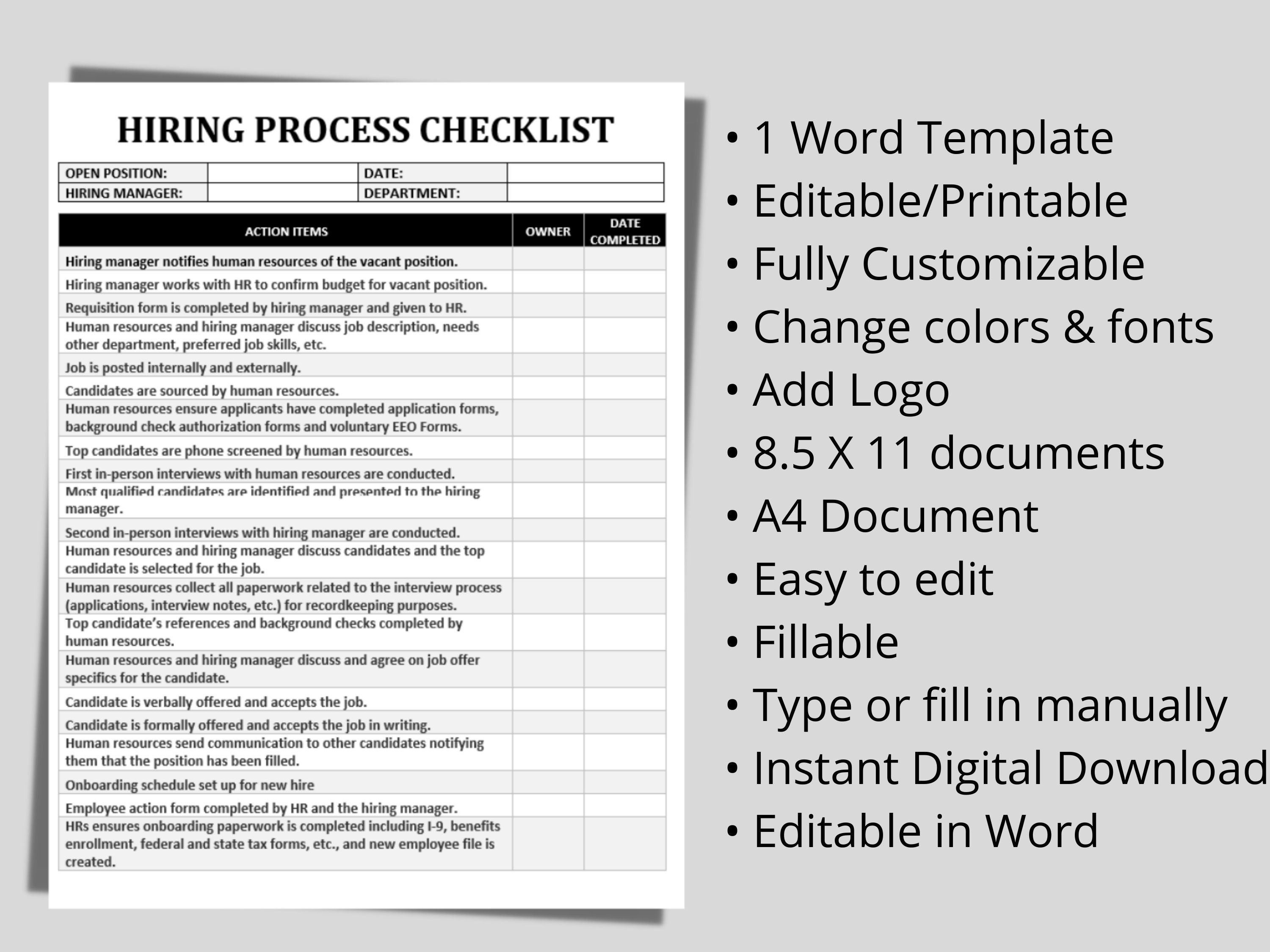 Hiring Process Checklist: HR Template Human Resource Form - Etsy