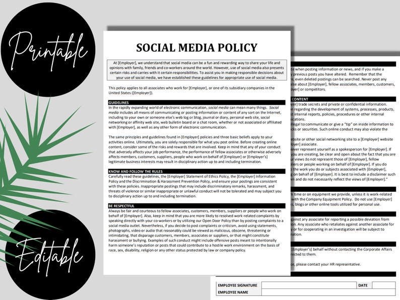 Social Media Policy HR Template MS Editable Word Form Human Resources ...