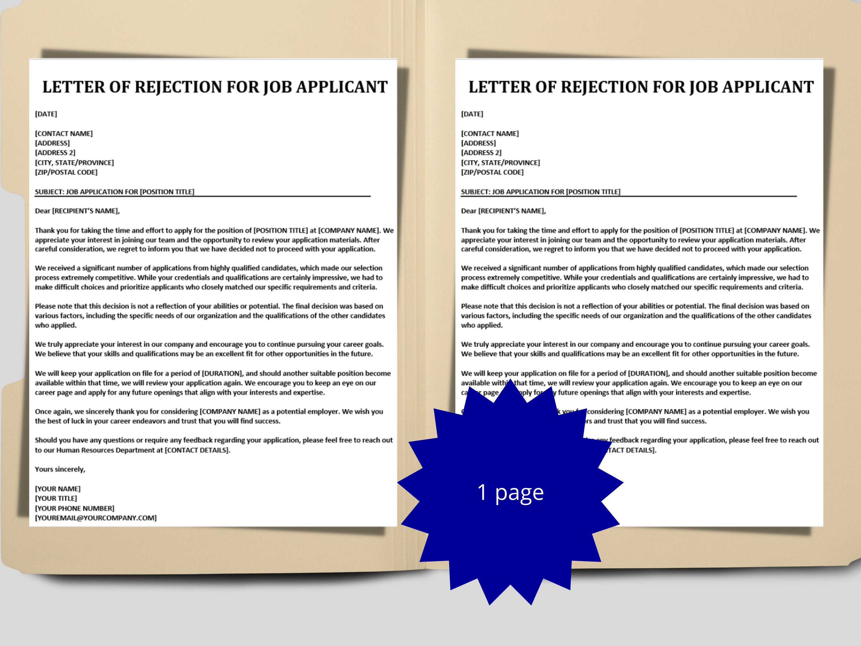 Letter of Rejection to Applicant: Applicant Email, Editable HR Template ...