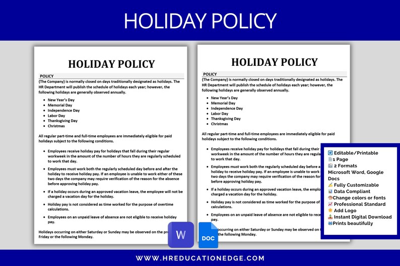 Holiday Policy Template: Editable HR Form (digital Download) - Etsy