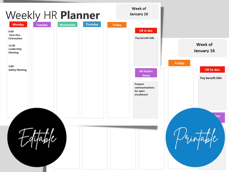 Simple HR Weekly Planner: Editable & Colorful Word Calendar Employee ...