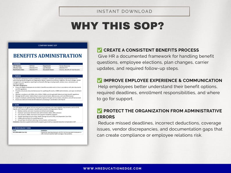 Benefits Administration SOP Template: HR Benefits Compliance, Open ...