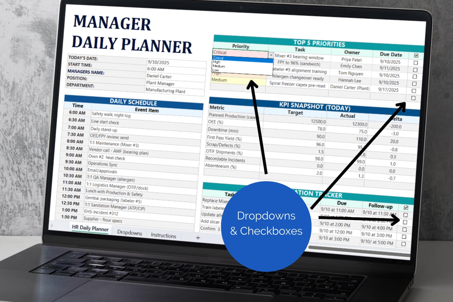 Supervisor Planner: Daily Schedule, Meeting & KPI Tracker (excel ...