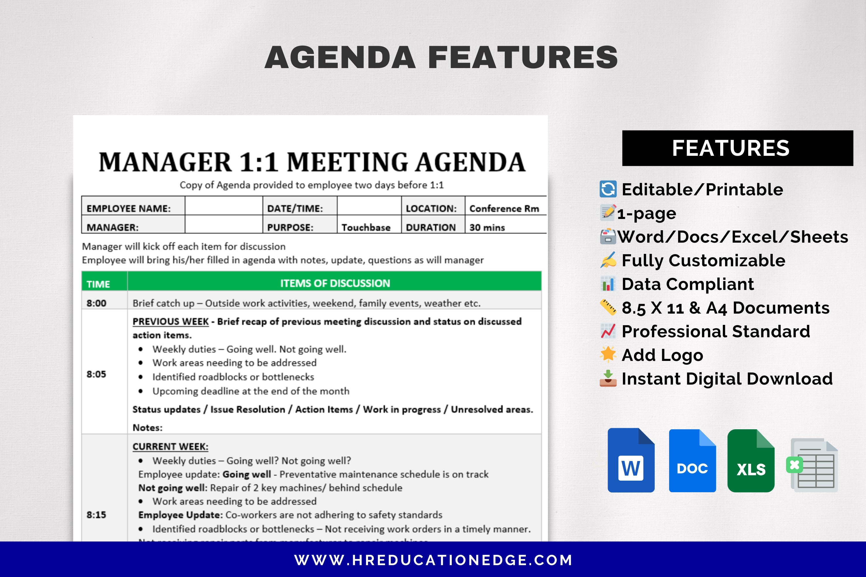 Manager One-on-one Meeting Agenda Template: HR Forms, Human Resource ...