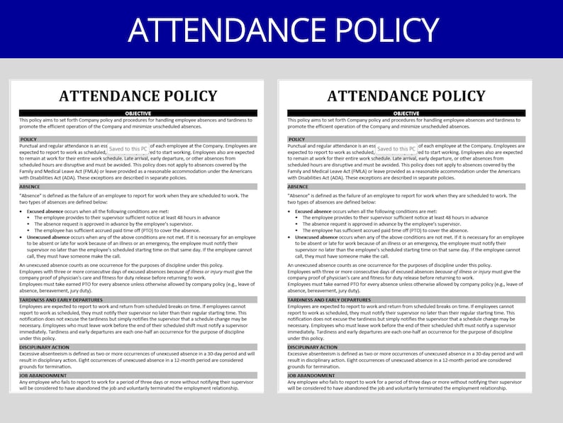 Editable Employee Attendance Policy Template: HR Forms (digital ...