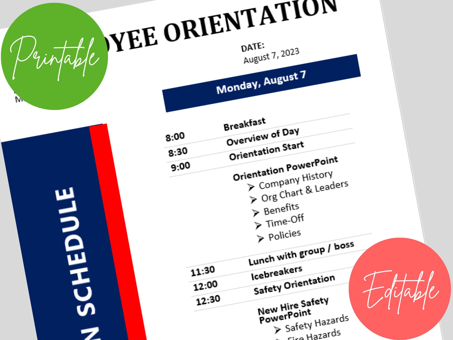 Employee Orientation Schedule Template New Hire Orientation Employee ...