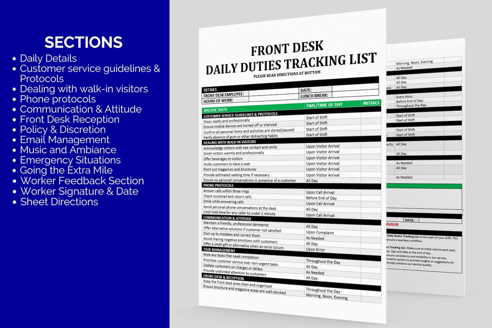 Front Desk Reception Checklist Template | Customer Service Duties List ...