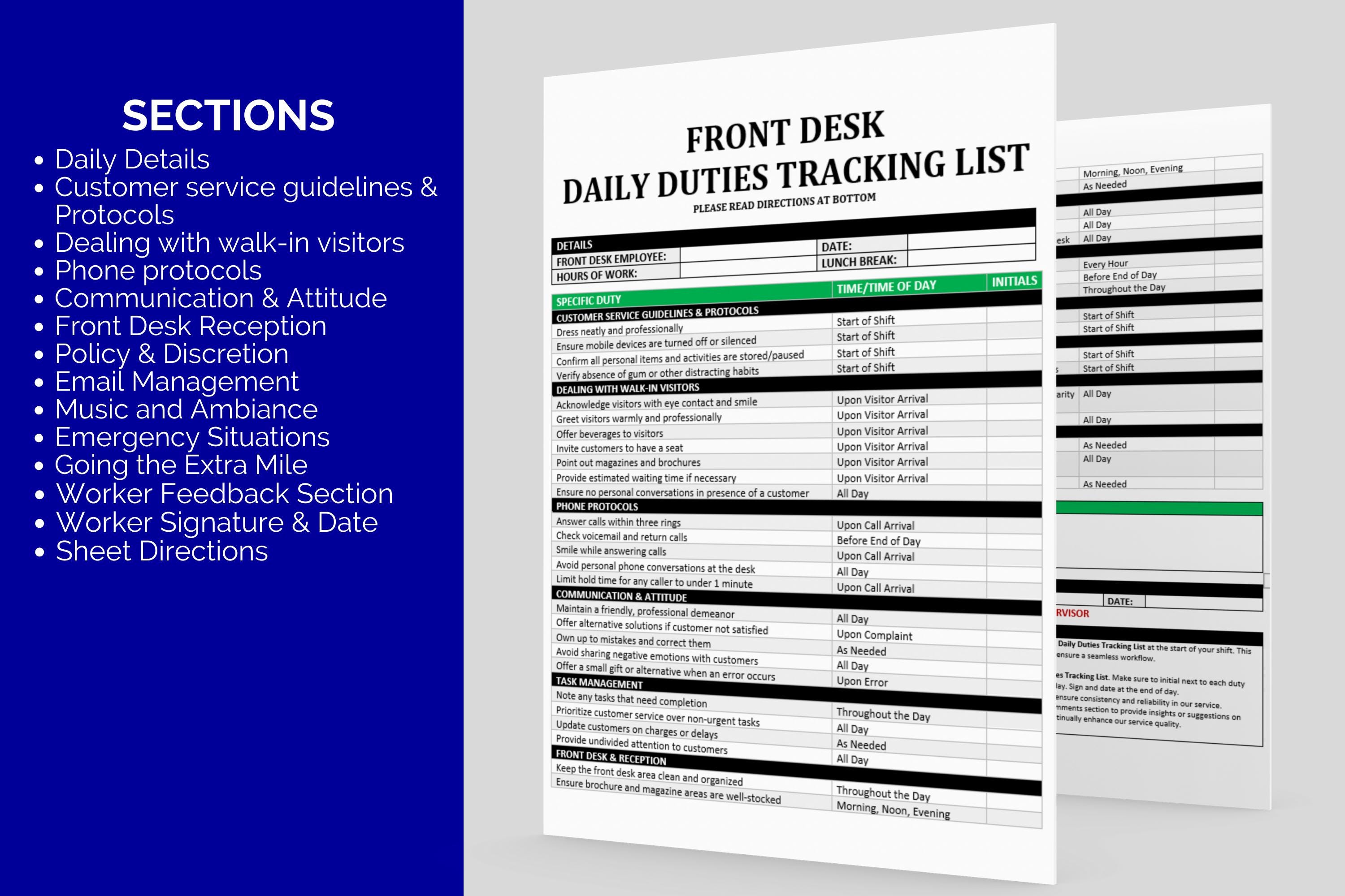 Front Desk Reception Checklist Template Customer Service Duties List ...