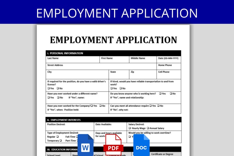 Job Application Form: Employee Application Template (digital Download ...