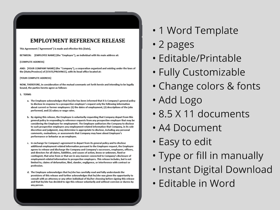 Employee Reference Release: MS Editable Word HR Template - Etsy