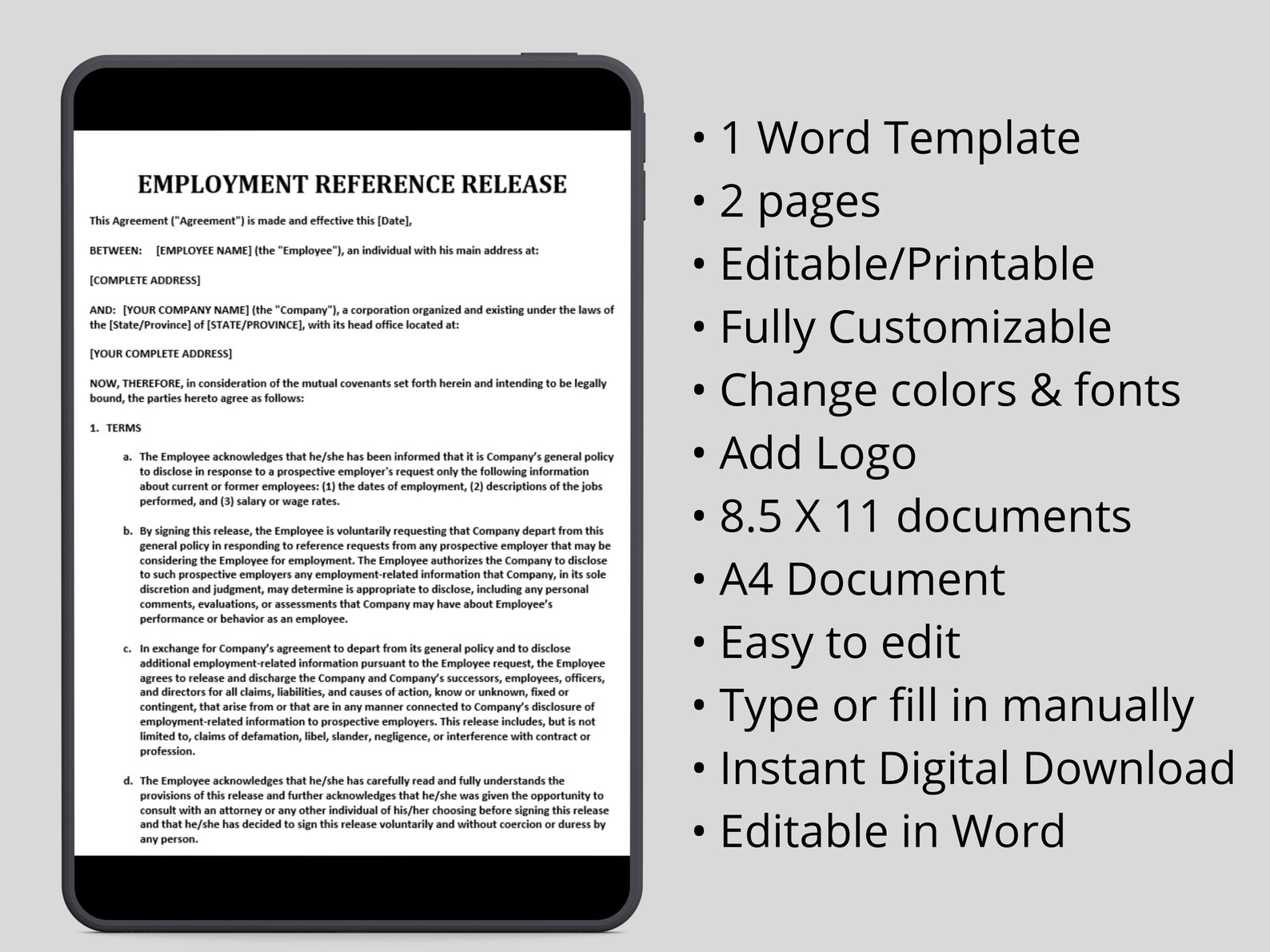 Employee Reference Release: MS Editable Word HR Template Human ...