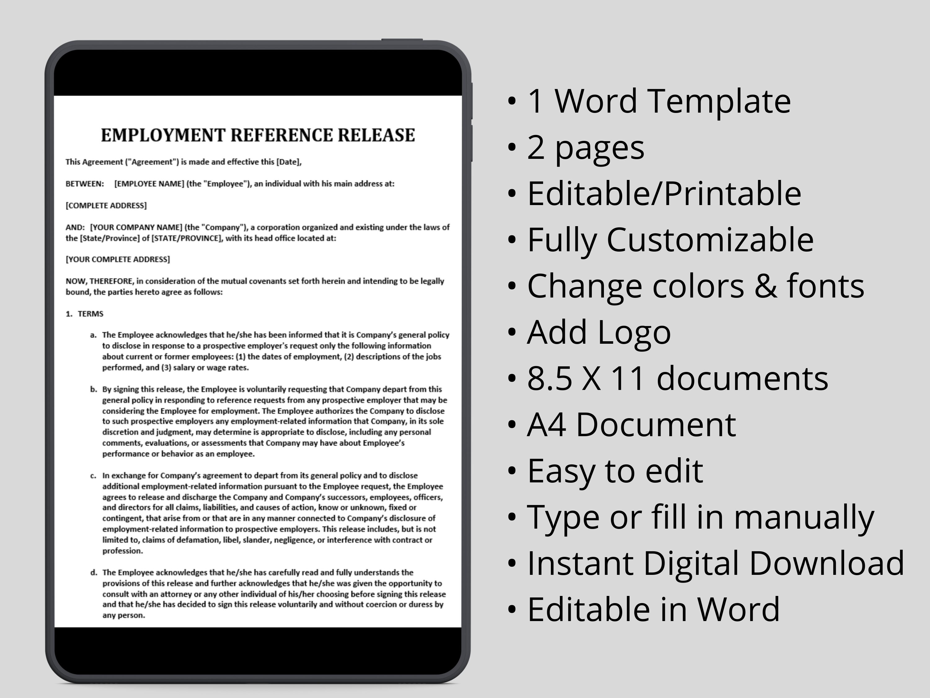 Employee Reference Release: MS Editable Word HR Template Human ...