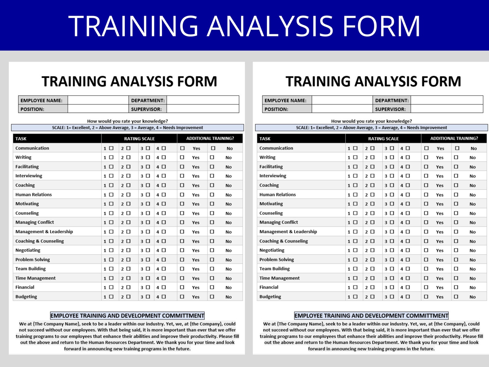 Training Needs Analysis Template Editable HR Form Employee - Etsy