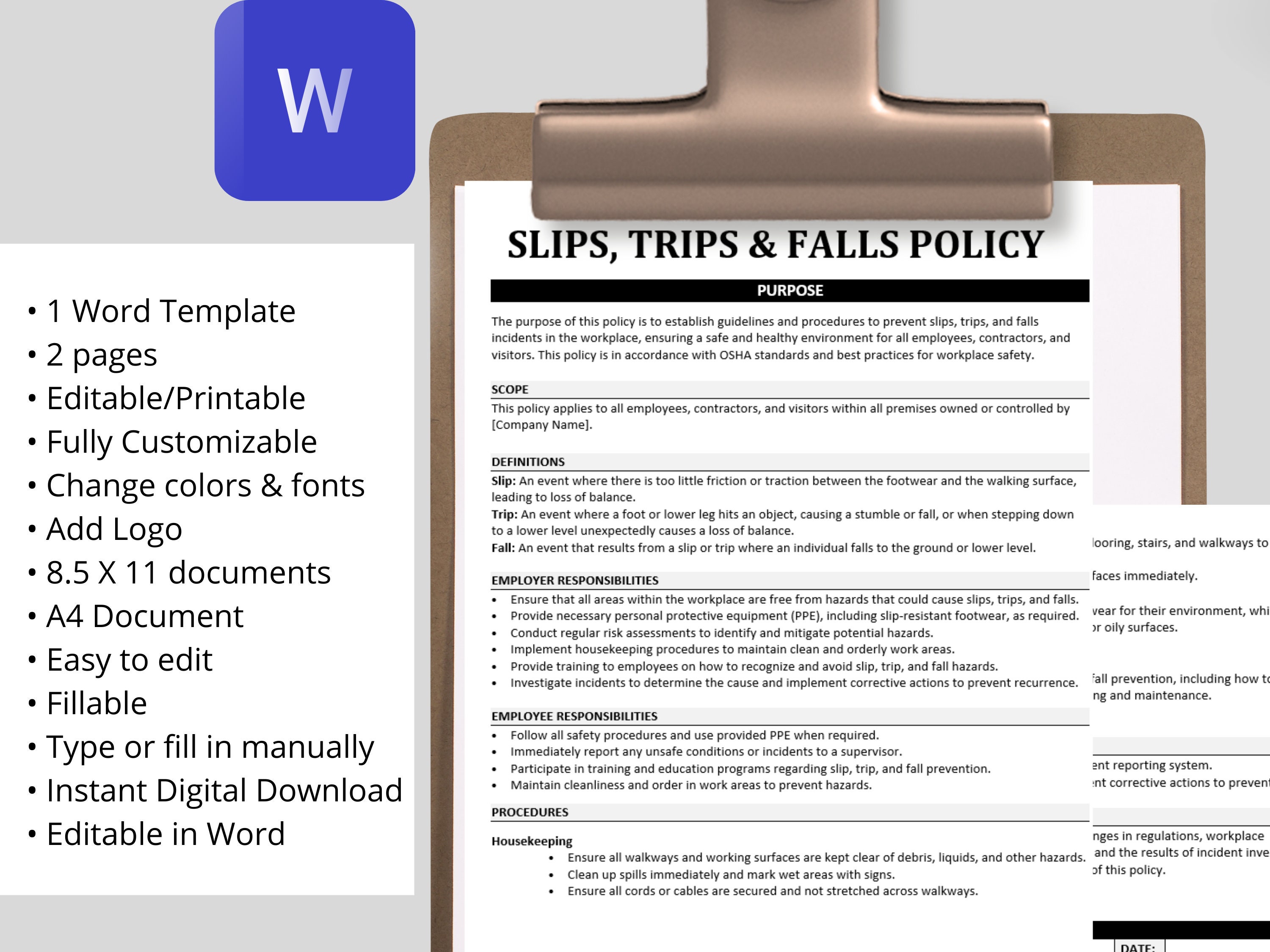Slips, Trips, and Falls Policy Template: OSHA Workplace Safety (digital ...