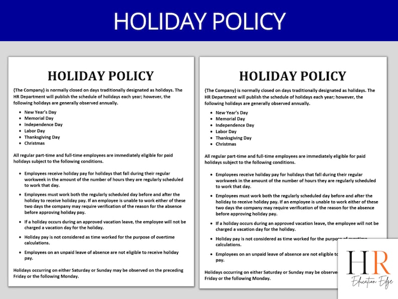 Holiday Policy Template Editable HR Form Human Resource Form Employee ...