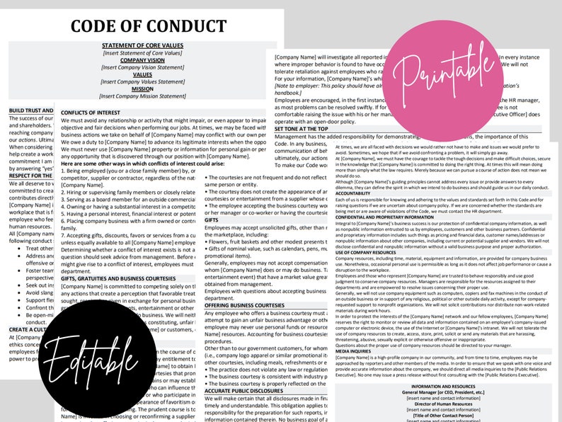 Employee Code of Conduct Policy HR Business Procedures Template - Etsy