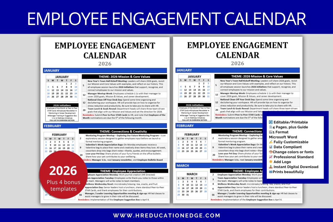 2026 Employee Engagement Calendar: HR Staff Recognition Template ...