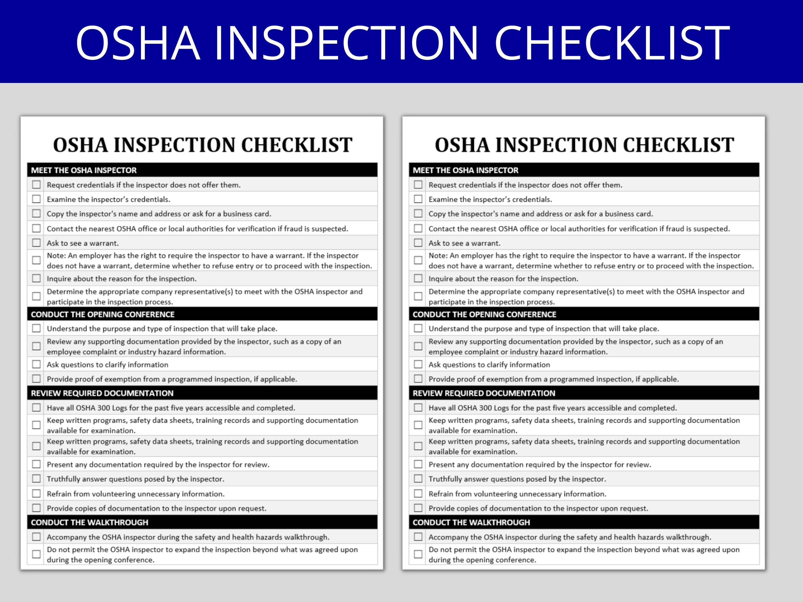 OSHA Inspection Checklist: Editable HR Template OSHA Standards ...