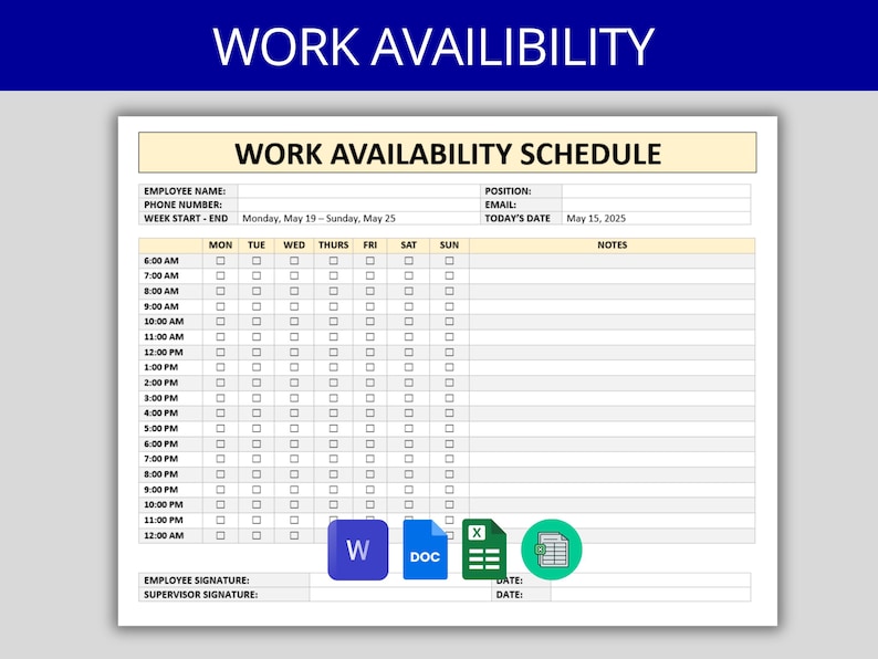 Employee Work Availability Form: Weekly Schedule Template (word, Excel ...
