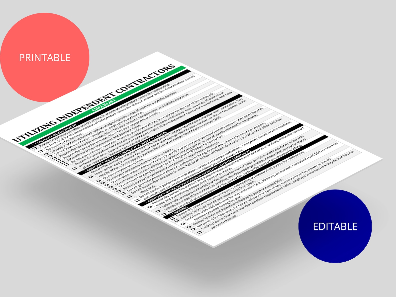 Independent Contractor Checklist Editable Document HR Template Human ...