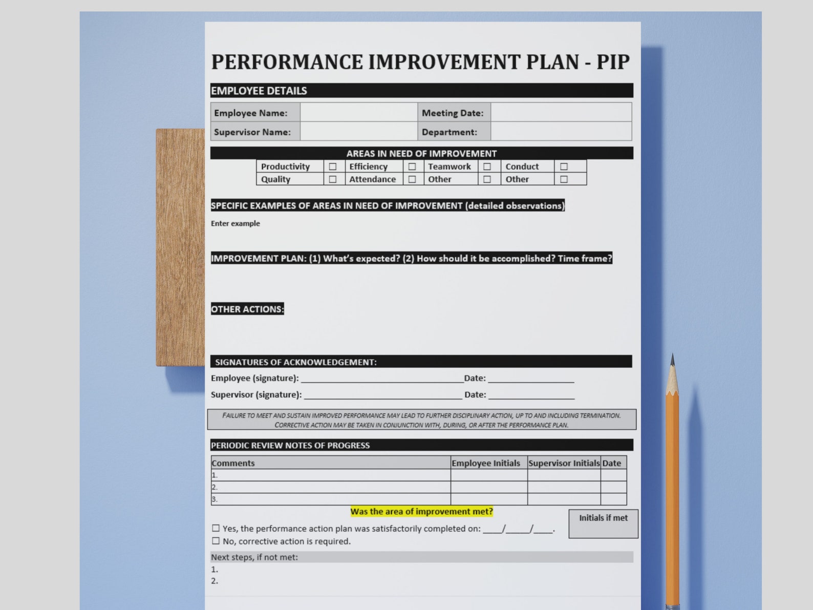 Performance Improvement Plan PIP Template Employee - Etsy