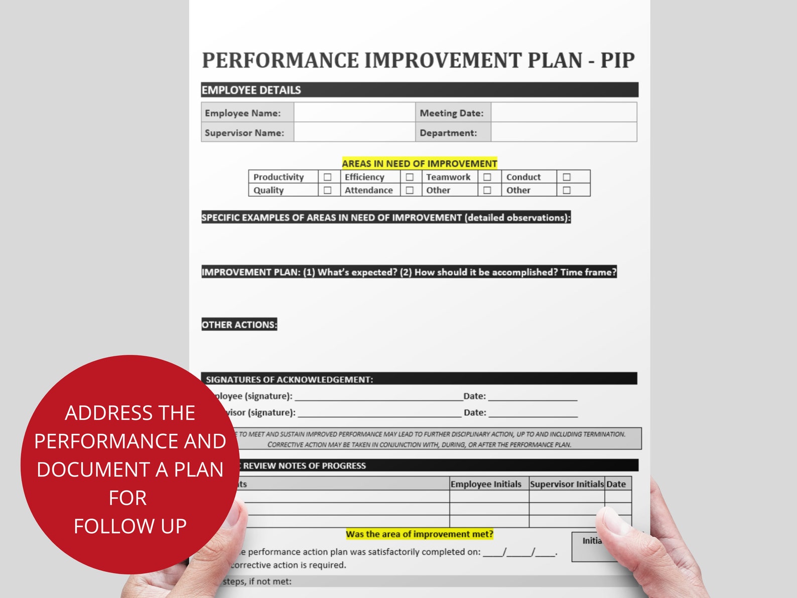 Employee Disciplinary Forms Warning Notice HR Write up Performance Improvement Plan PIP ...