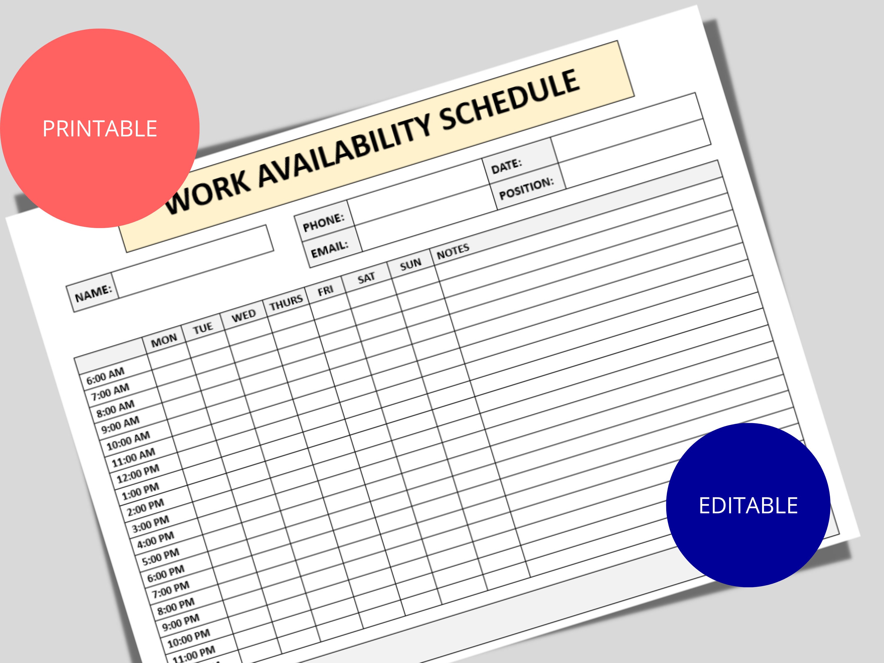 Employee Availability Form: Weekly & Hourly Schedule Template Work ...