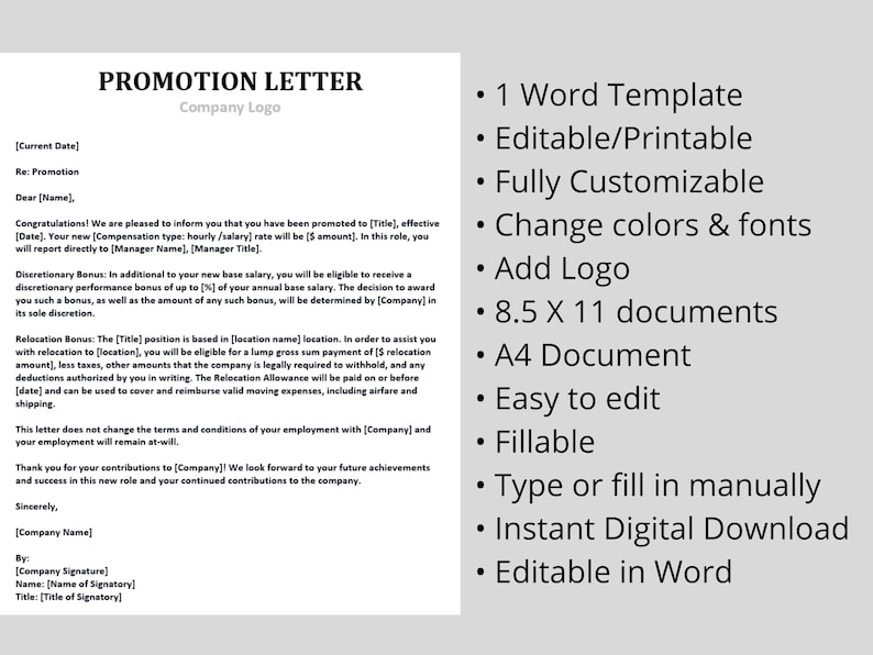 Promotion Letter Template: Editable Word Employee Career Advancement - Etsy