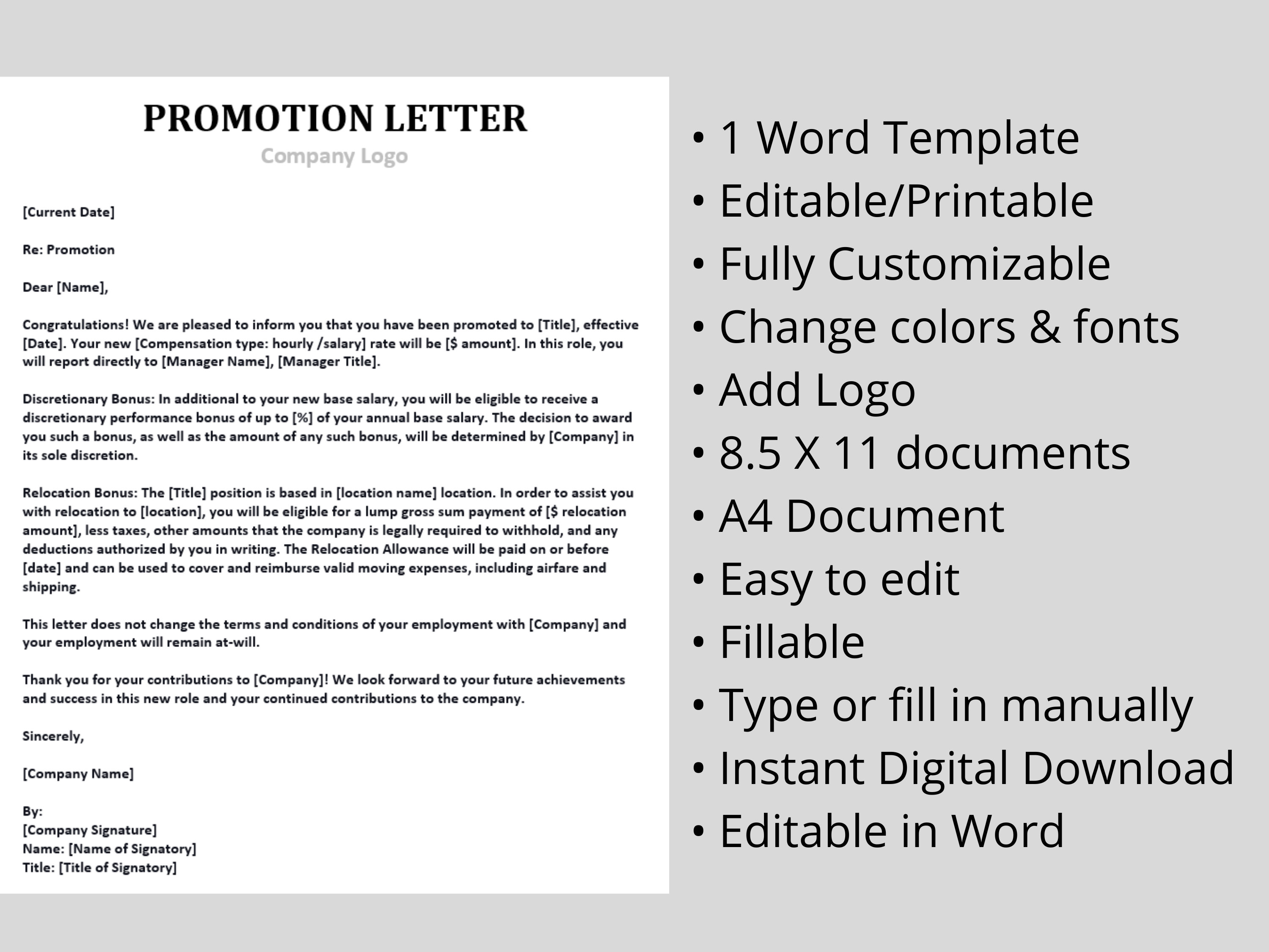 Promotion Letter Template: Editable Word Employee Career Advancement - Etsy