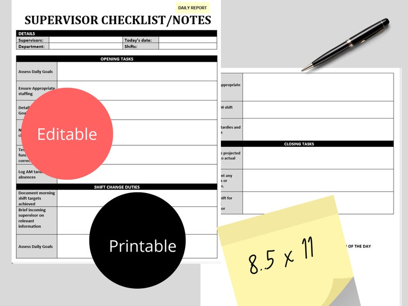 Daily Shift Supervisor Checklist: Editable MS Word Template - Etsy
