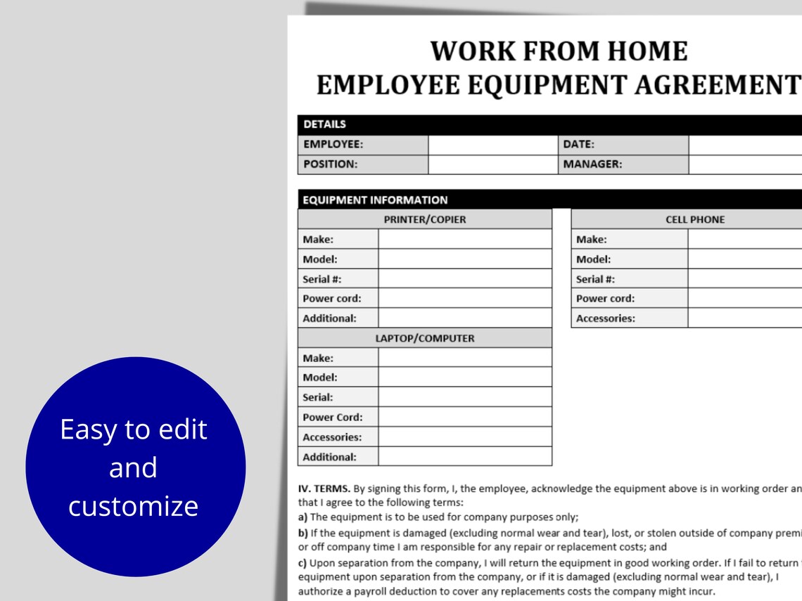 Employee Equipment Agreement Template: Editable HR Form (digital ...