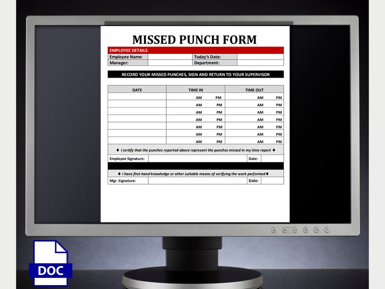 Missed Punch Form Payroll Administrative Forms Human Resources HR Forms ...