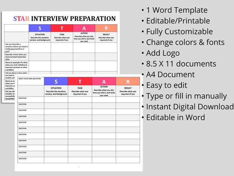 STAR Method Interview Worksheet: Interview Preparation, Behavioral ...