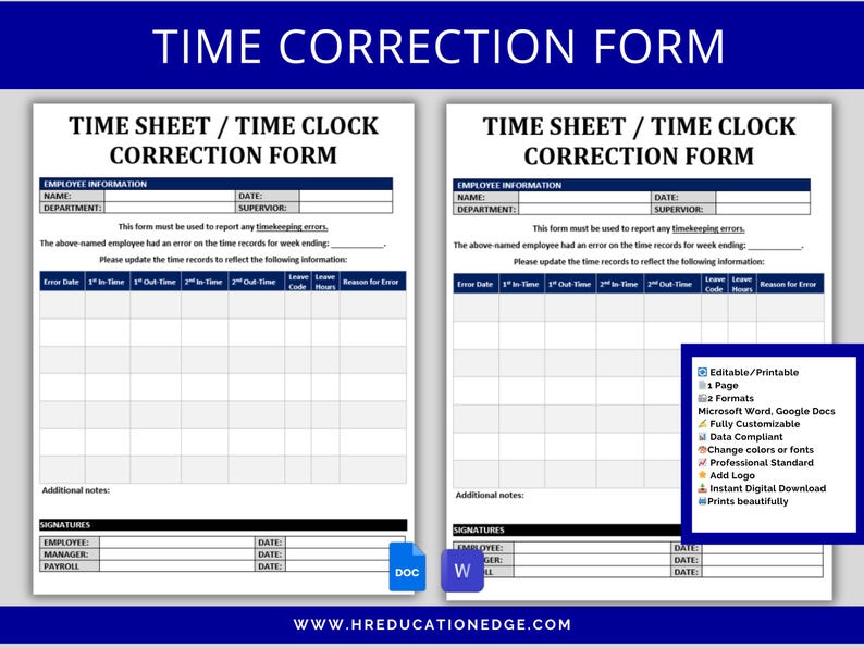 Time Clock Correction Form: Missed Punch Form, Employee Payroll ...