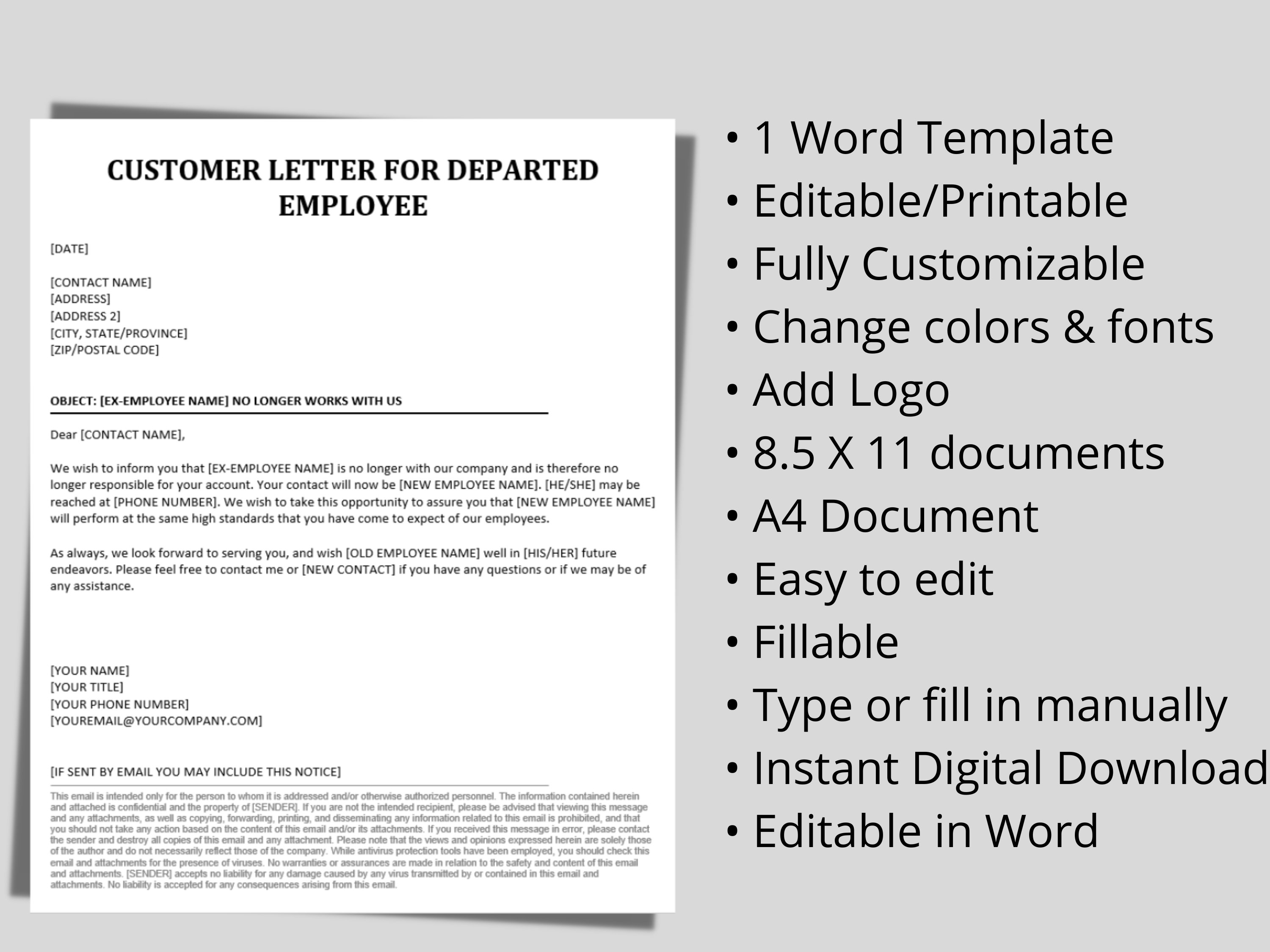 Customer Letter for Departed Employee MS Word Editable Template - Etsy Customer Letter for Departed Employee MS Word Editable Template - Etsy