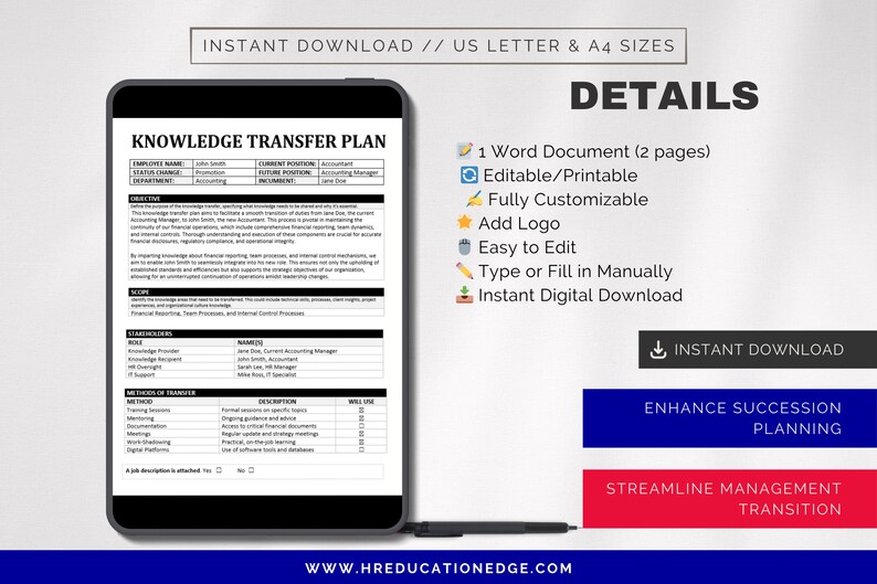 Knowledge Transfer Plan Template: Succession Planning HR Tool (digital ...