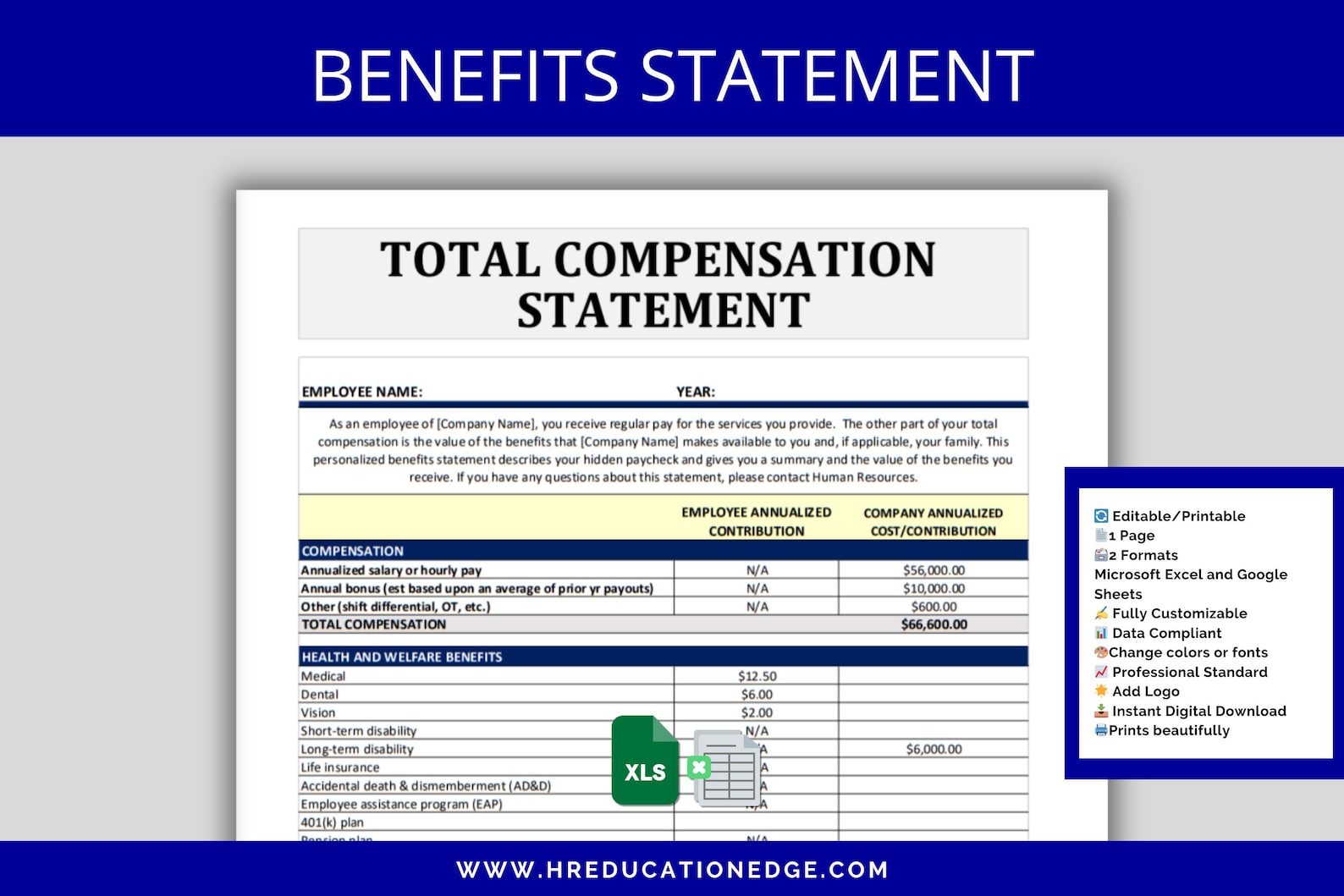 Total Compensation Statement Template: HR Employee Benefits (excel ...