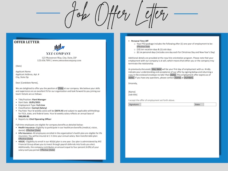 Job Offer Letter Template MS Editable Word Form Employment - Etsy