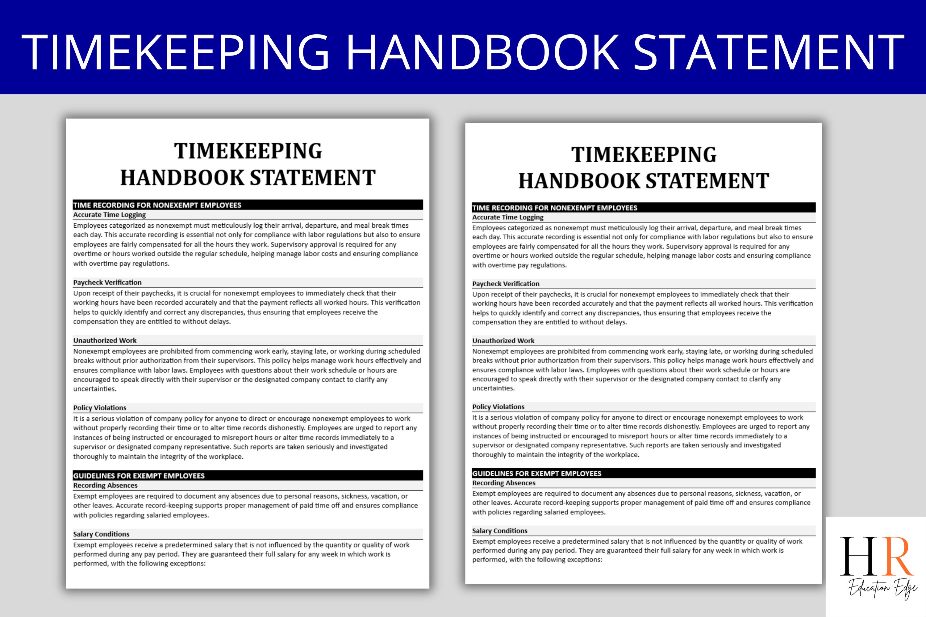 Timekeeping Policy: Employee Handbook HR Compliance Employment Law ...