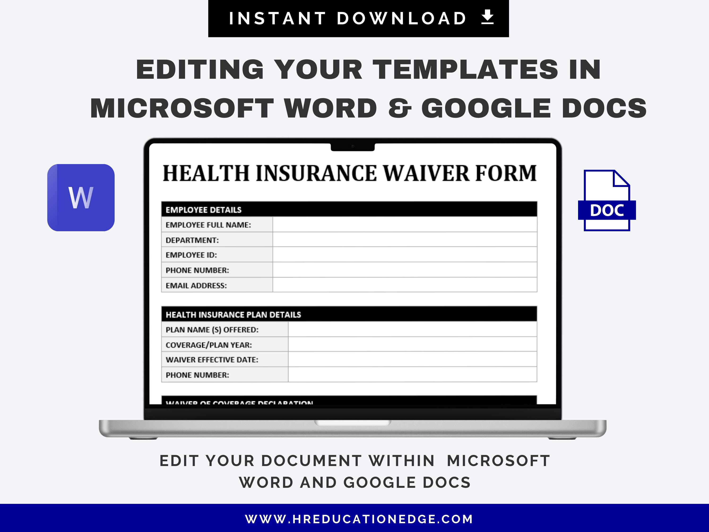 Health Insurance Waiver | Opt-out Form | Editable Word & Google Doc ...