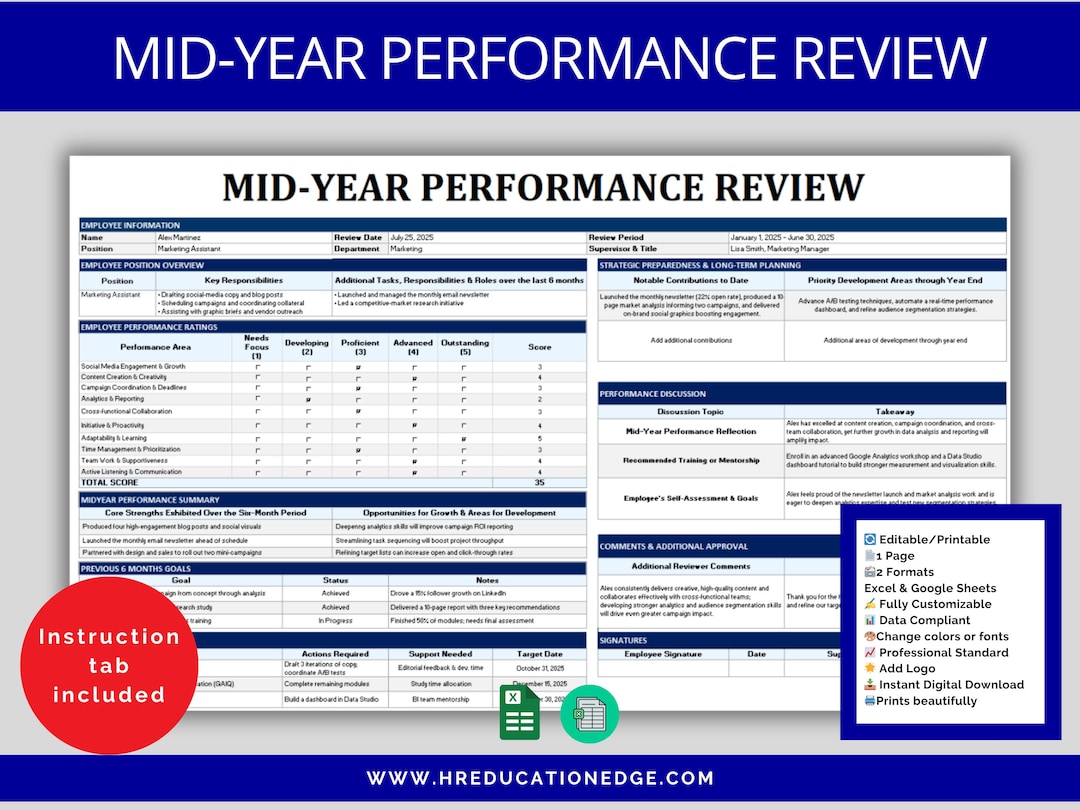 Midyear Employee Performance Review Template: HR Evaluation Form (excel ...