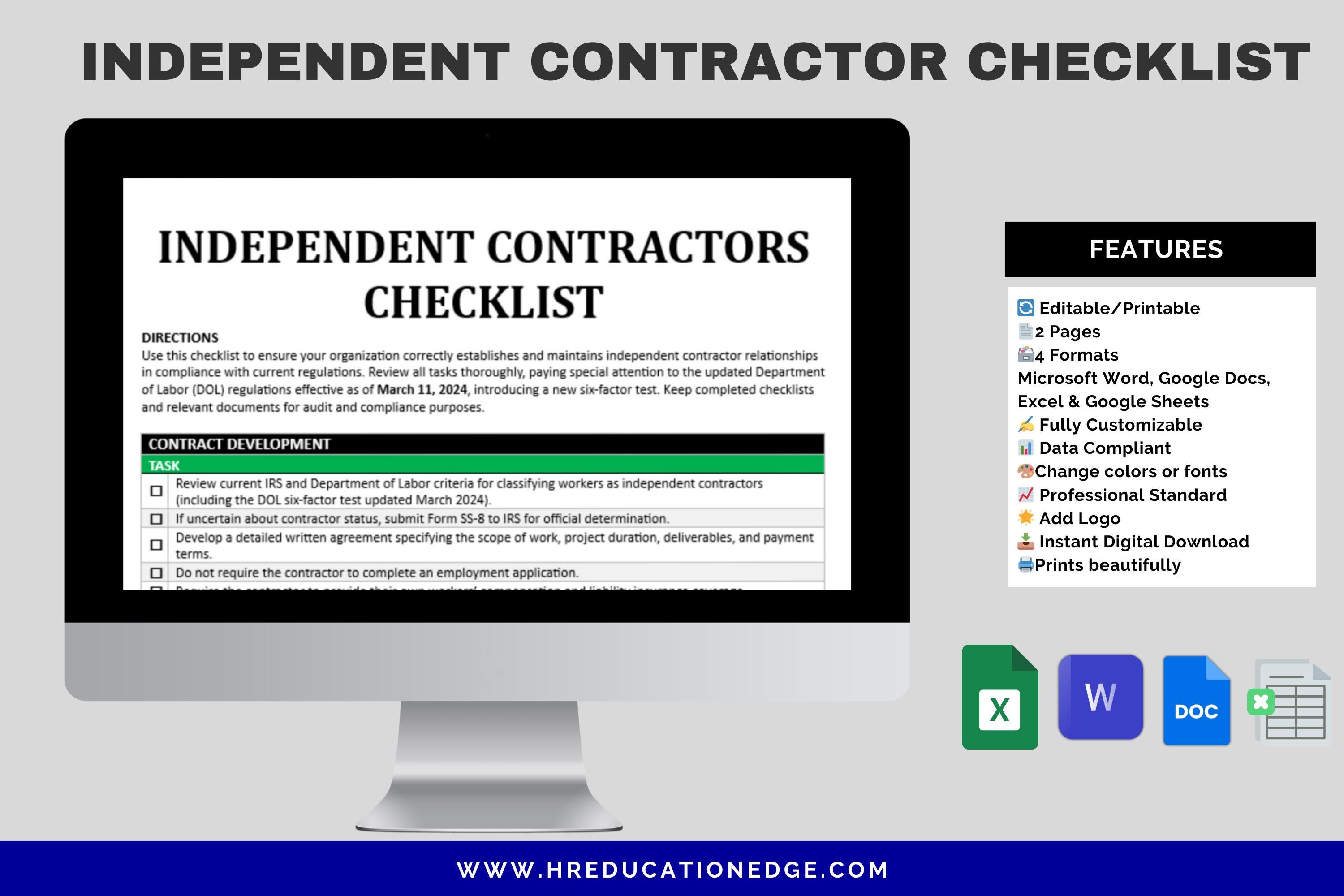 Independent Contractor Checklist | Editable Document | HR Template ...