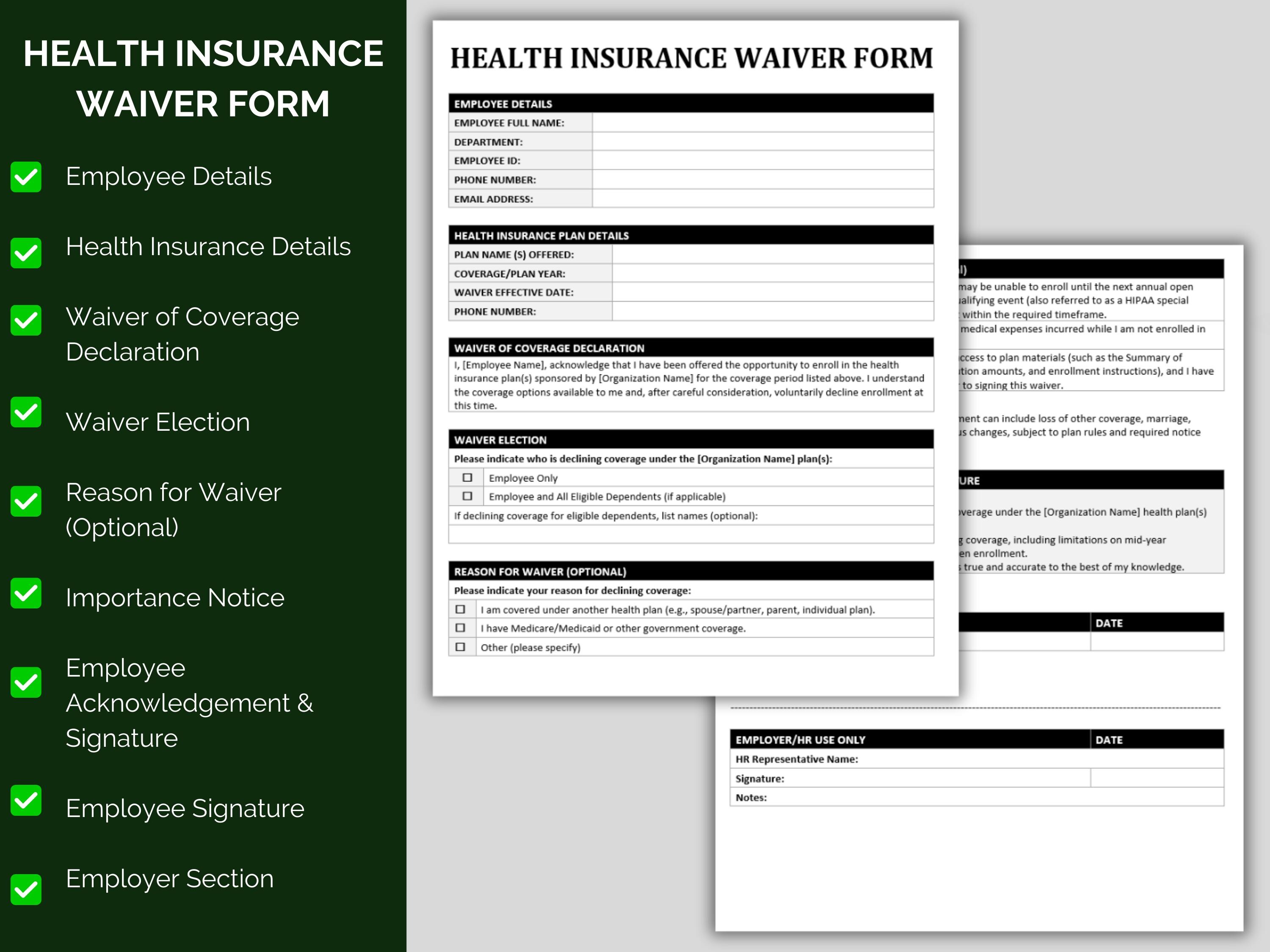 Health Insurance Waiver | Opt-out Form | Editable Word & Google Doc ...