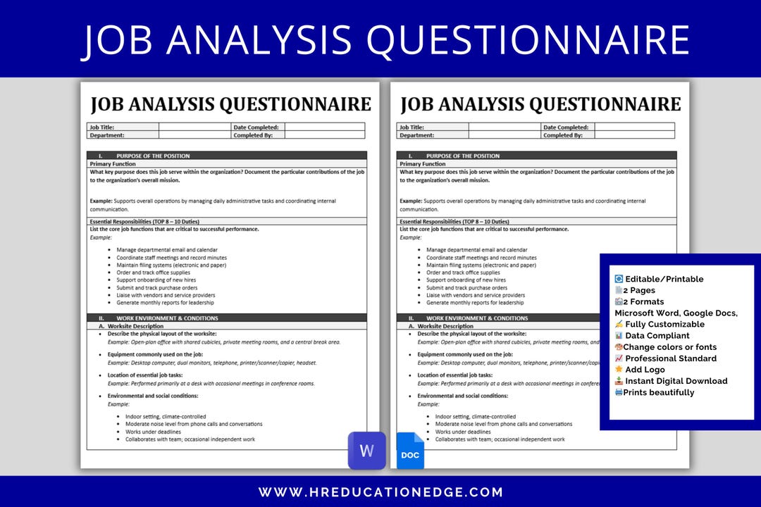 Job Analysis Questionnaire: HR Form, Job Duties Template (digital ...