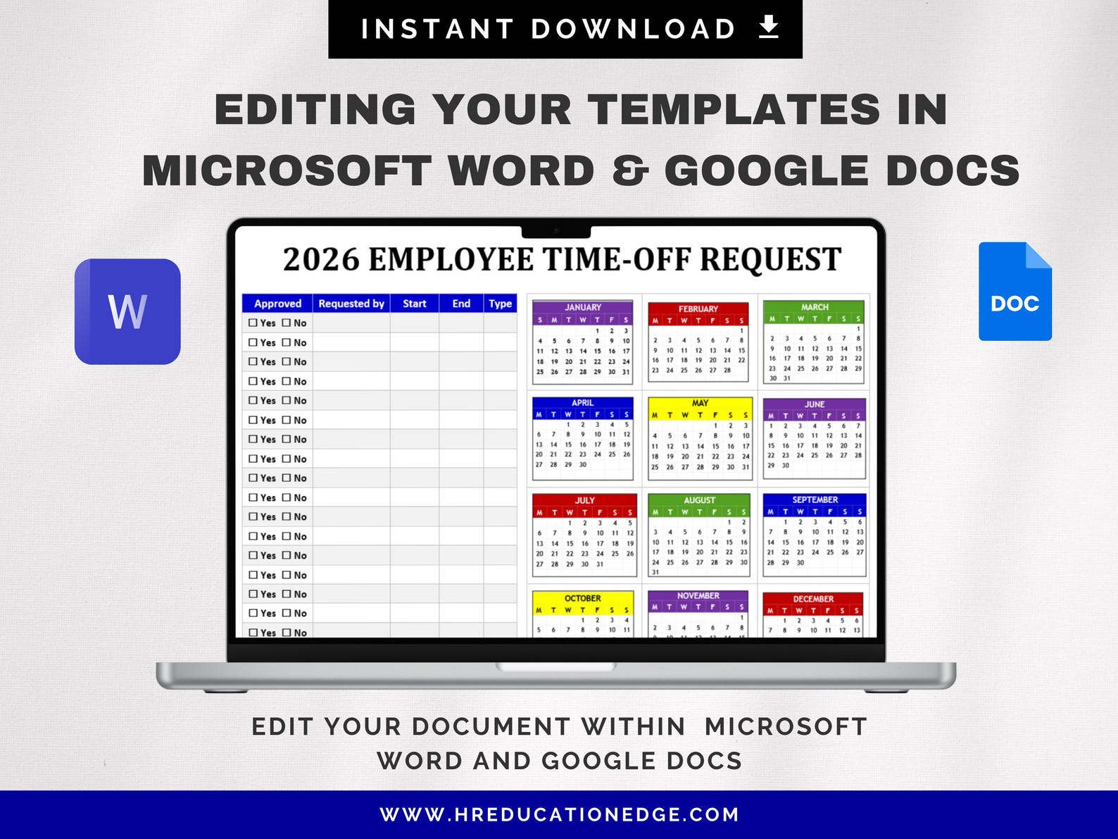 2026 Employee Time off Calendar: HR Leave Planner (digital Download ...
